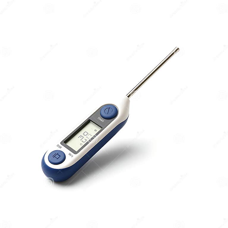 A Compact Digital Thermometer with a Flexible Tip Displayed on a White ...