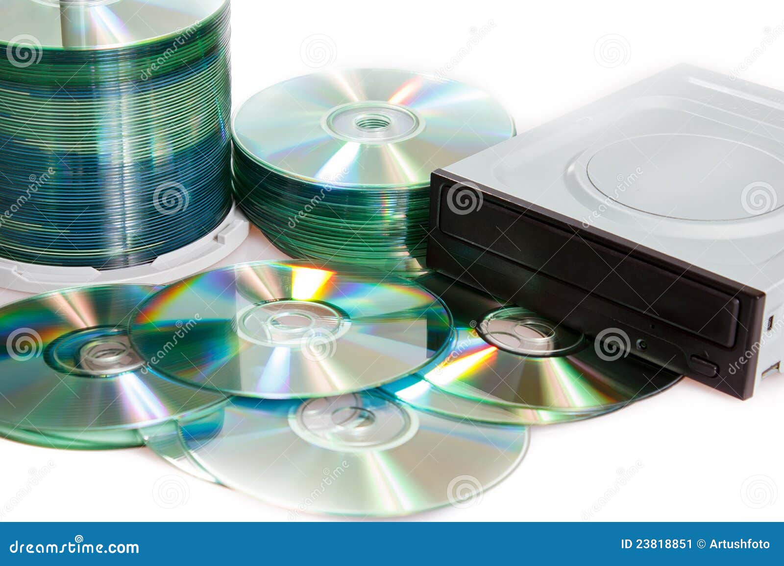 Compact Discs and Burner on a White Background Stock Image - Image of ...