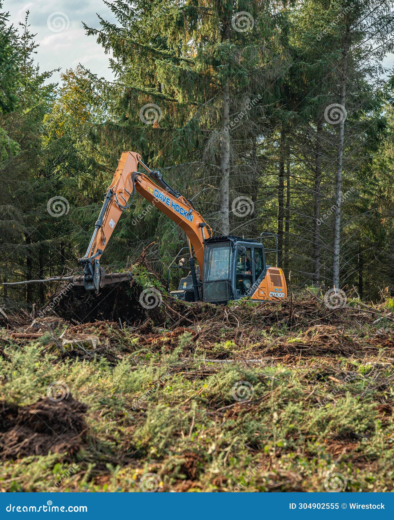 A Small Excavating Machine Cutting Up the Forest and Removing Trees ...