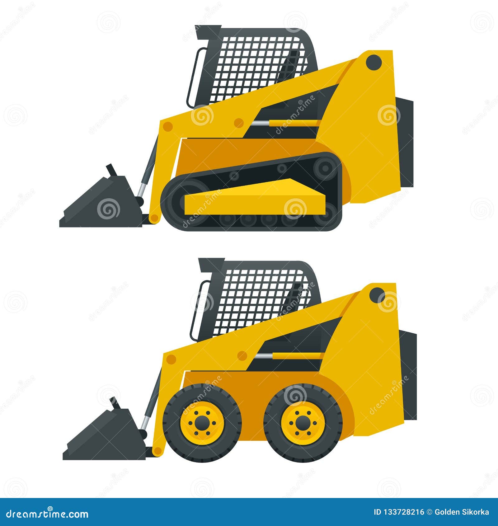 Compact Excavators. Steer Loader Side View Isolated on a White ...