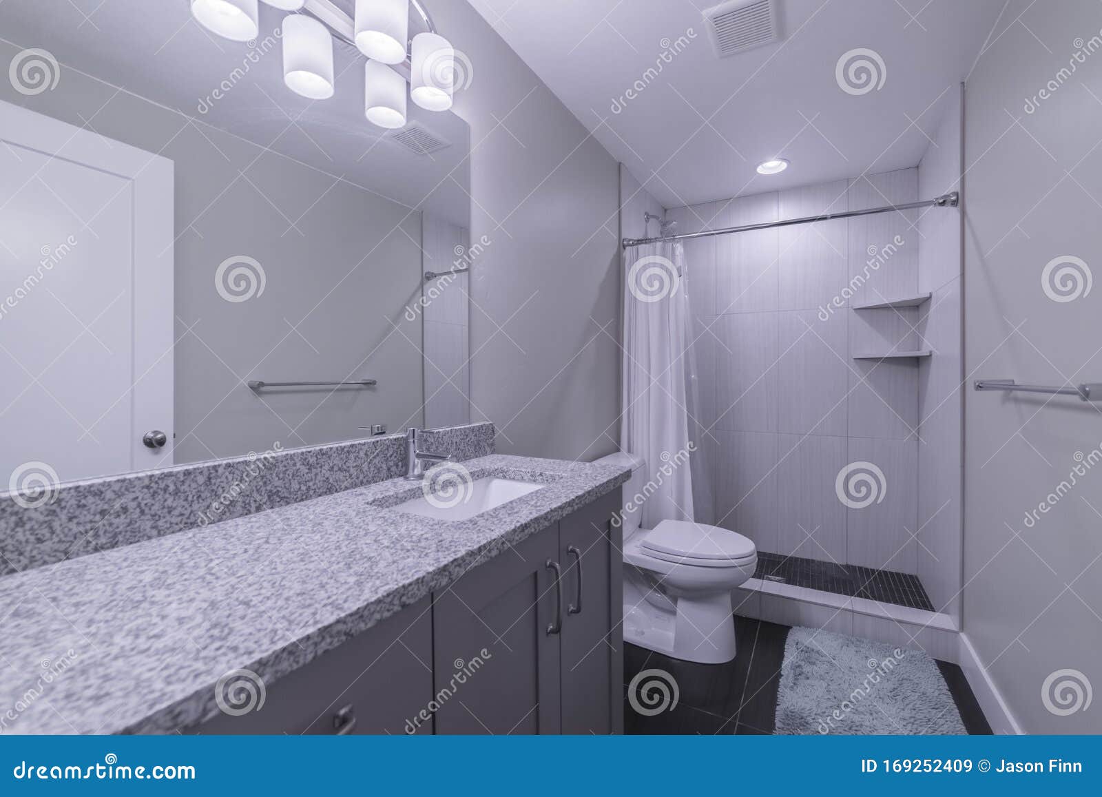 Compact Grey Decorated Bathroom With Show Bright Interiorer Stock Image