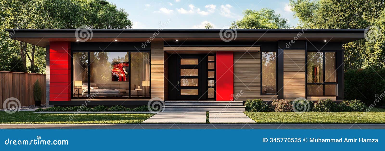 Compact Modern House Front Elevation Mockup with Bold Red Accents Stock ...
