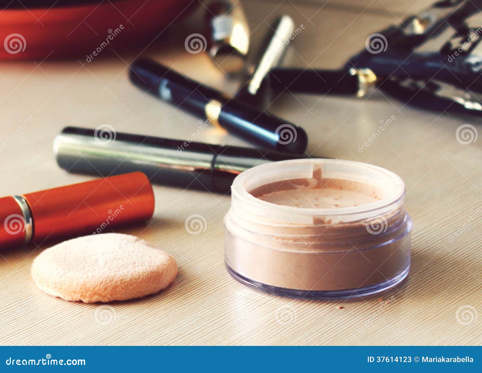 Compact Pocket Powder and a Puff and Other Cosmetics Stock Image ...