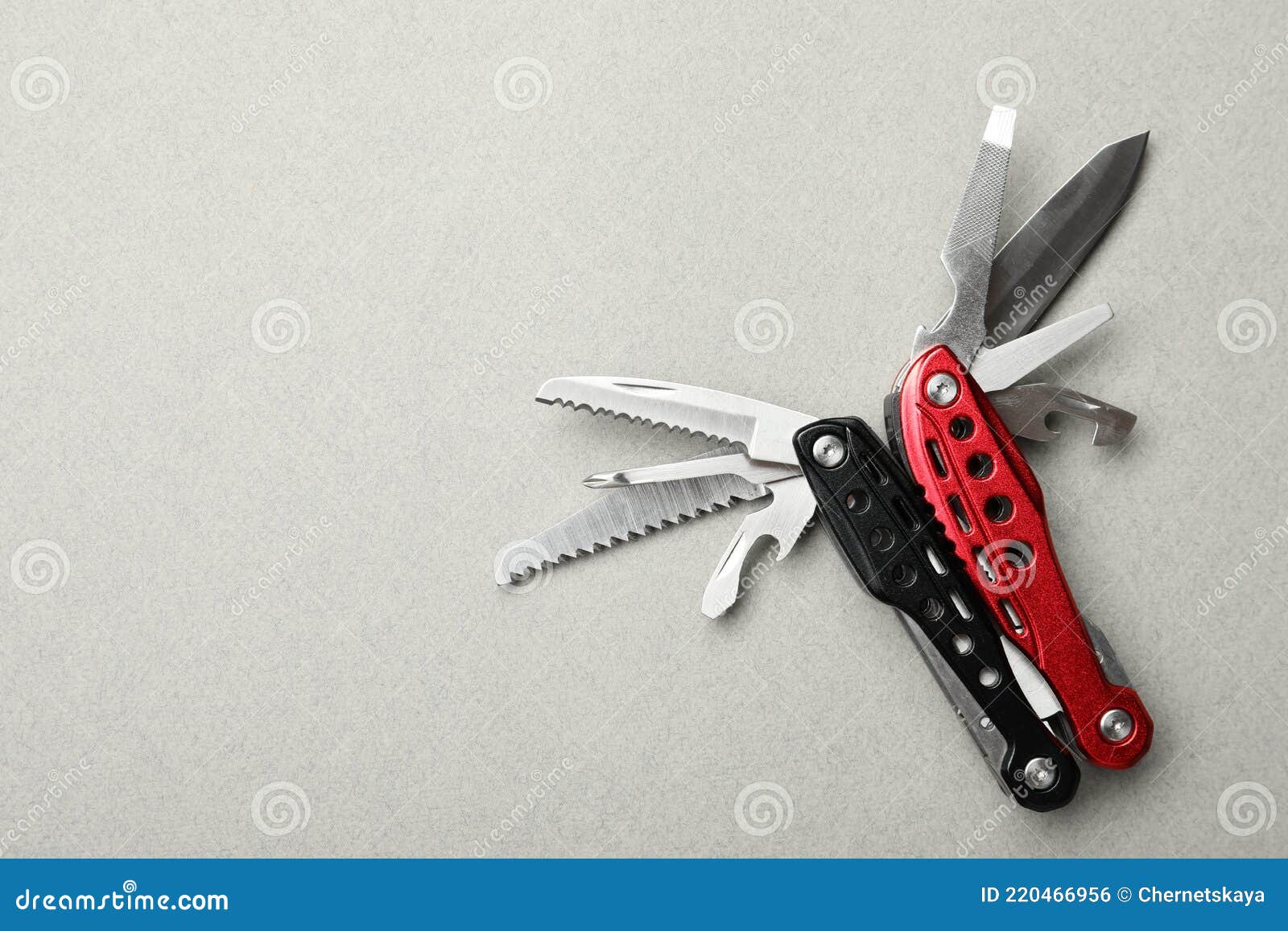 Compact Portable Multitool on Light Grey Background, Top View. Space ...