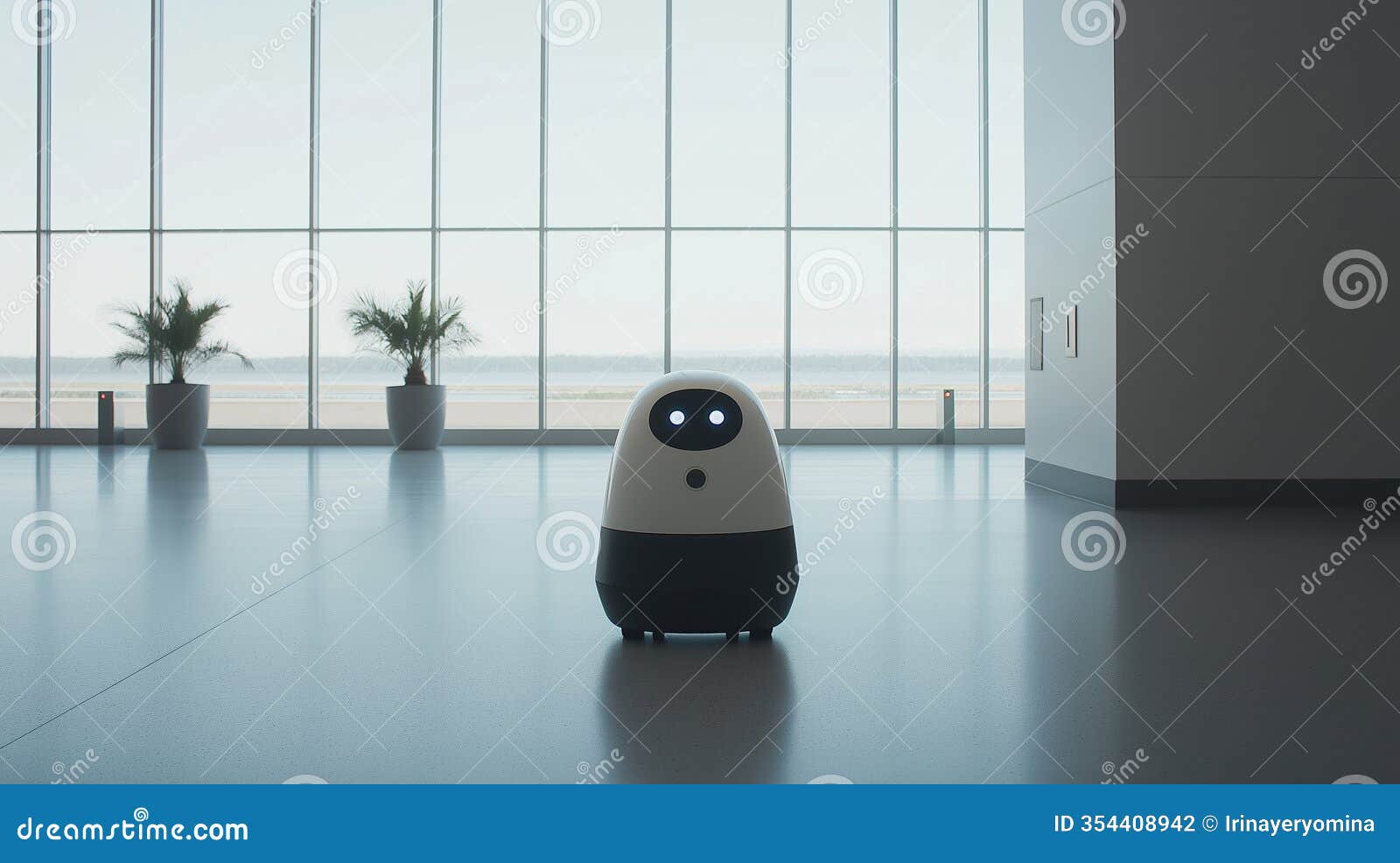 Compact Robot with Glowing Eyes in a Modern Open Space. Artificial ...