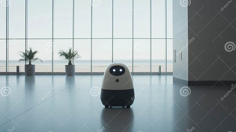 Compact Robot with Glowing Eyes in a Modern Open Space. Artificial ...