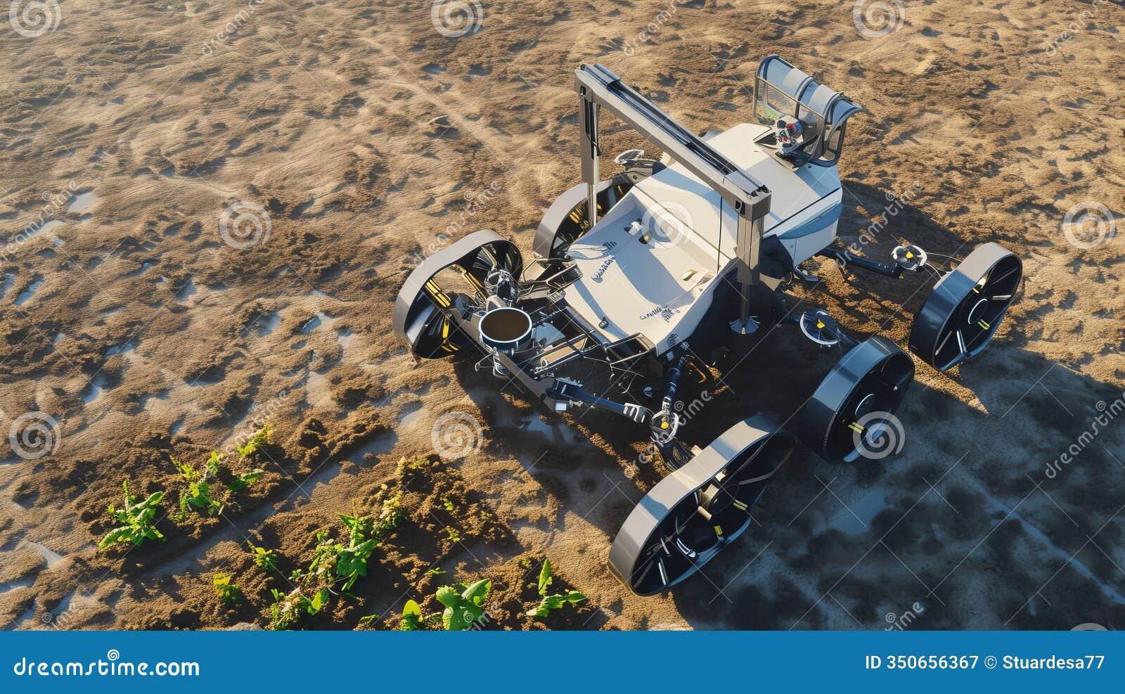 Compact Robotic Farming Unit Surveying Sandy Crop Field Stock Image ...