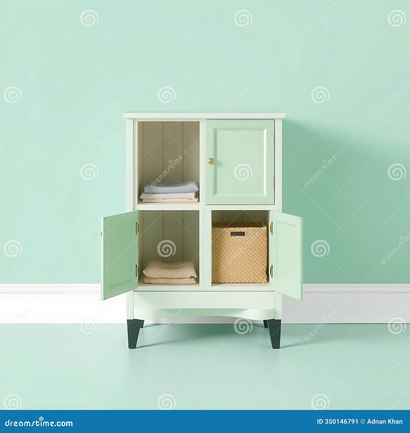 A Compact Storage Unit with Pastel Green Panels on a Mint Backdrop ...