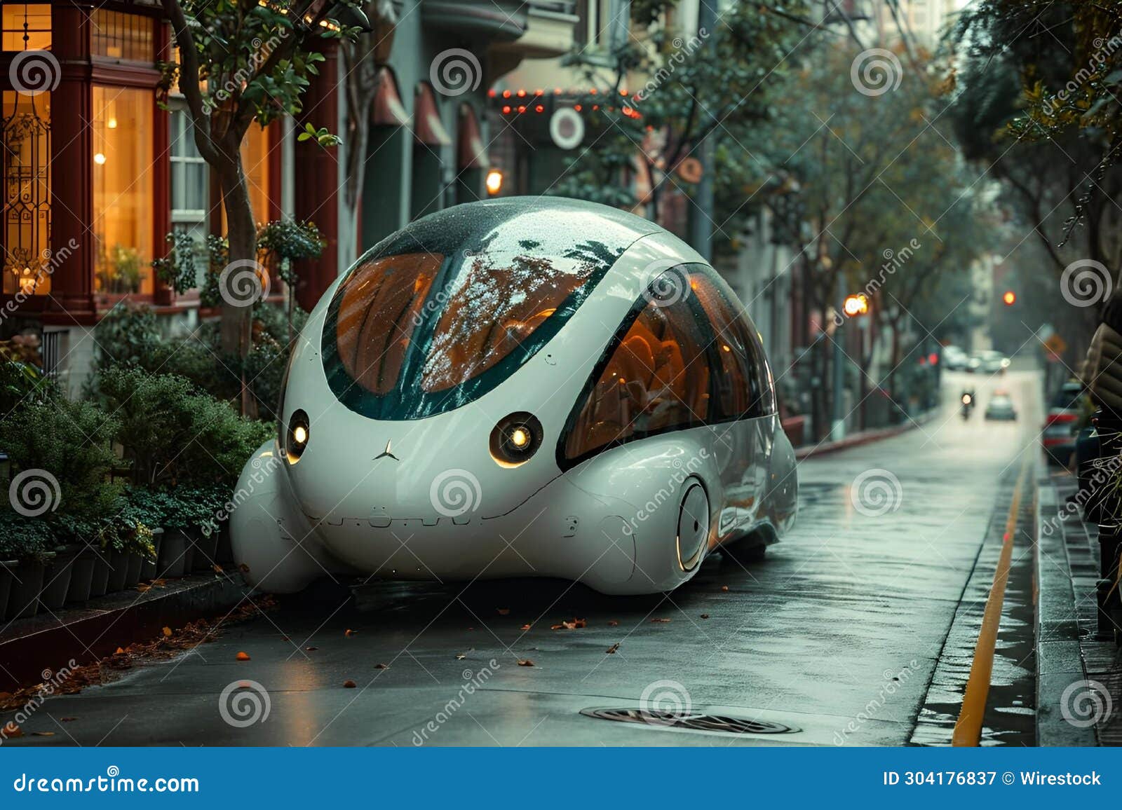 Compact White Car Parked in the Center of the Road, AI-generated. Stock ...