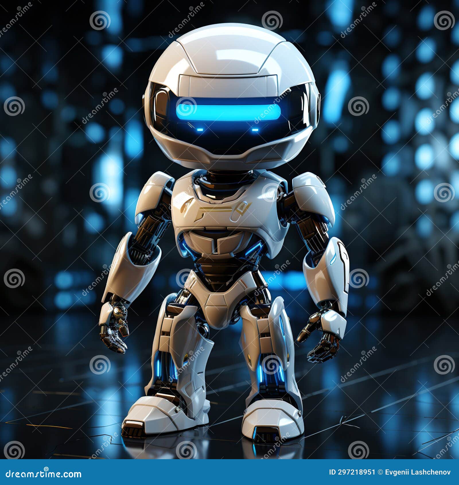 Compact White Robotic Figure with Blue Visor and Articulated Limbs in a ...