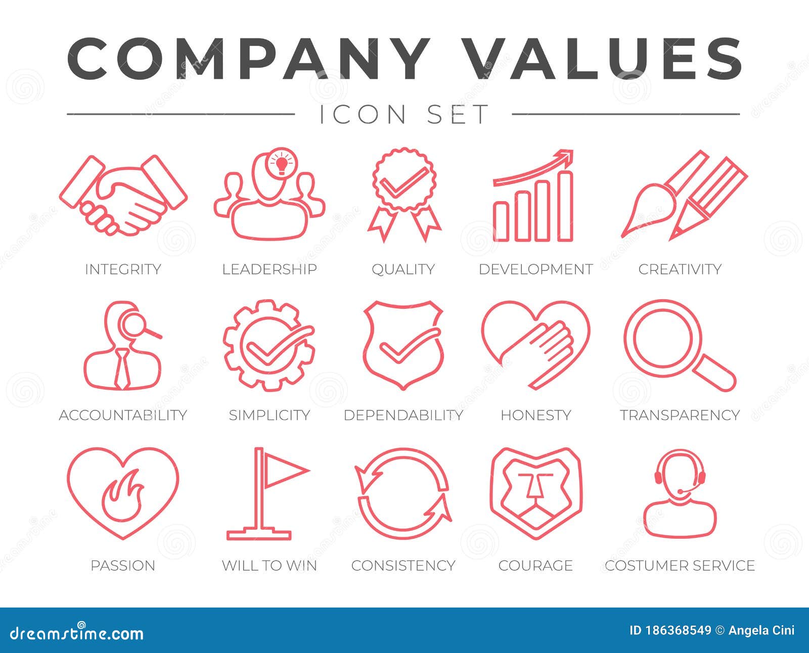 Company Core Values Outline Icon Set. Integrity, Leadership, Quality ...