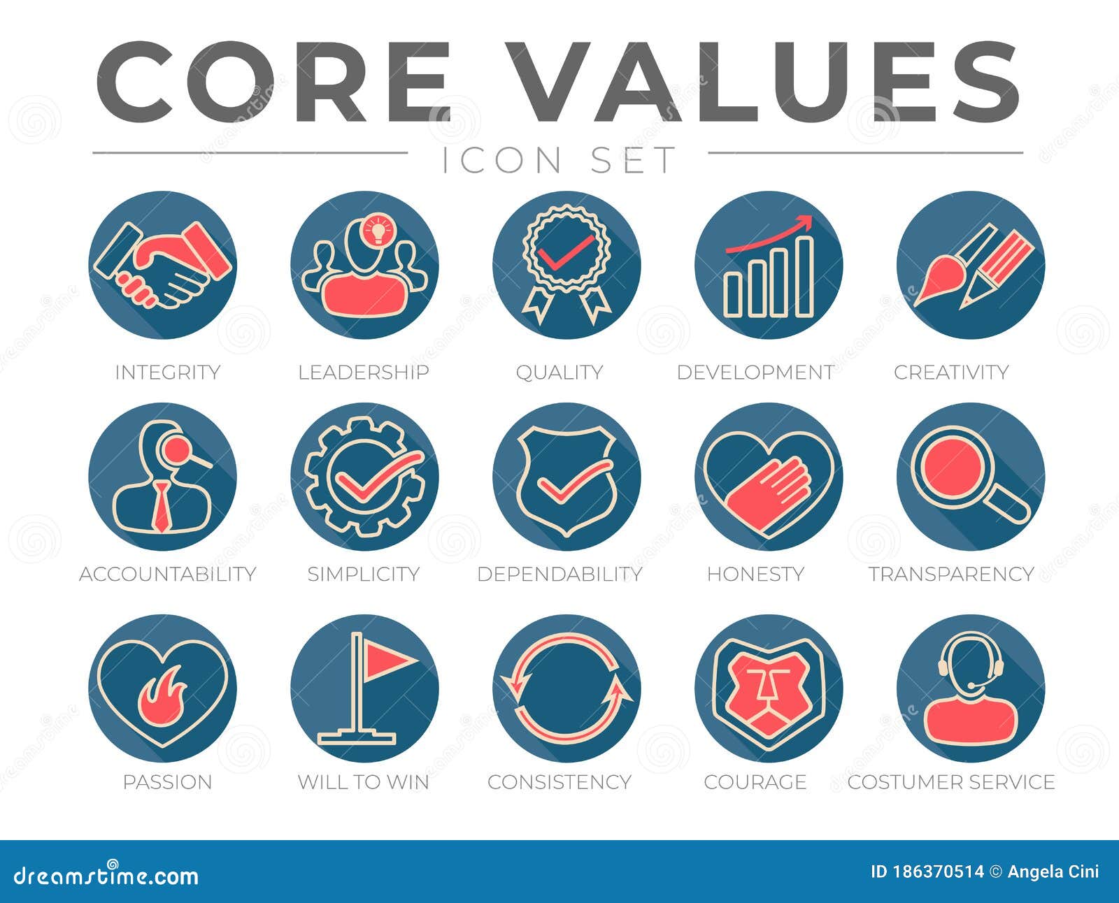 Company Core Values Round Flat Icon Set. Integrity, Leadership, Quality ...