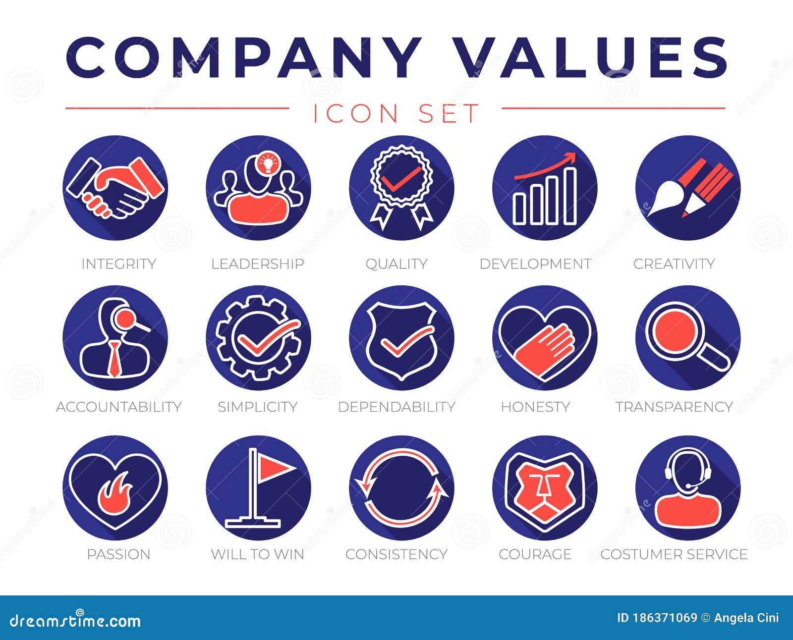 Company Core Values Round Flat Icon Set. Integrity, Leadership, Quality ...