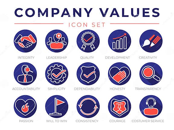 Company Core Values Round Flat Icon Set. Integrity, Leadership, Quality ...
