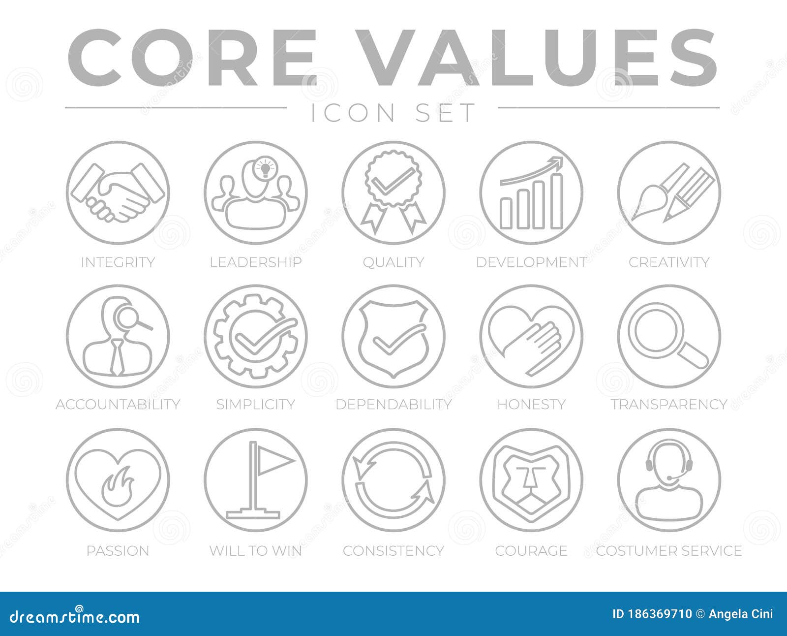 Company Core Values Round Outline Web Icon Set. Integrity, Leadership ...