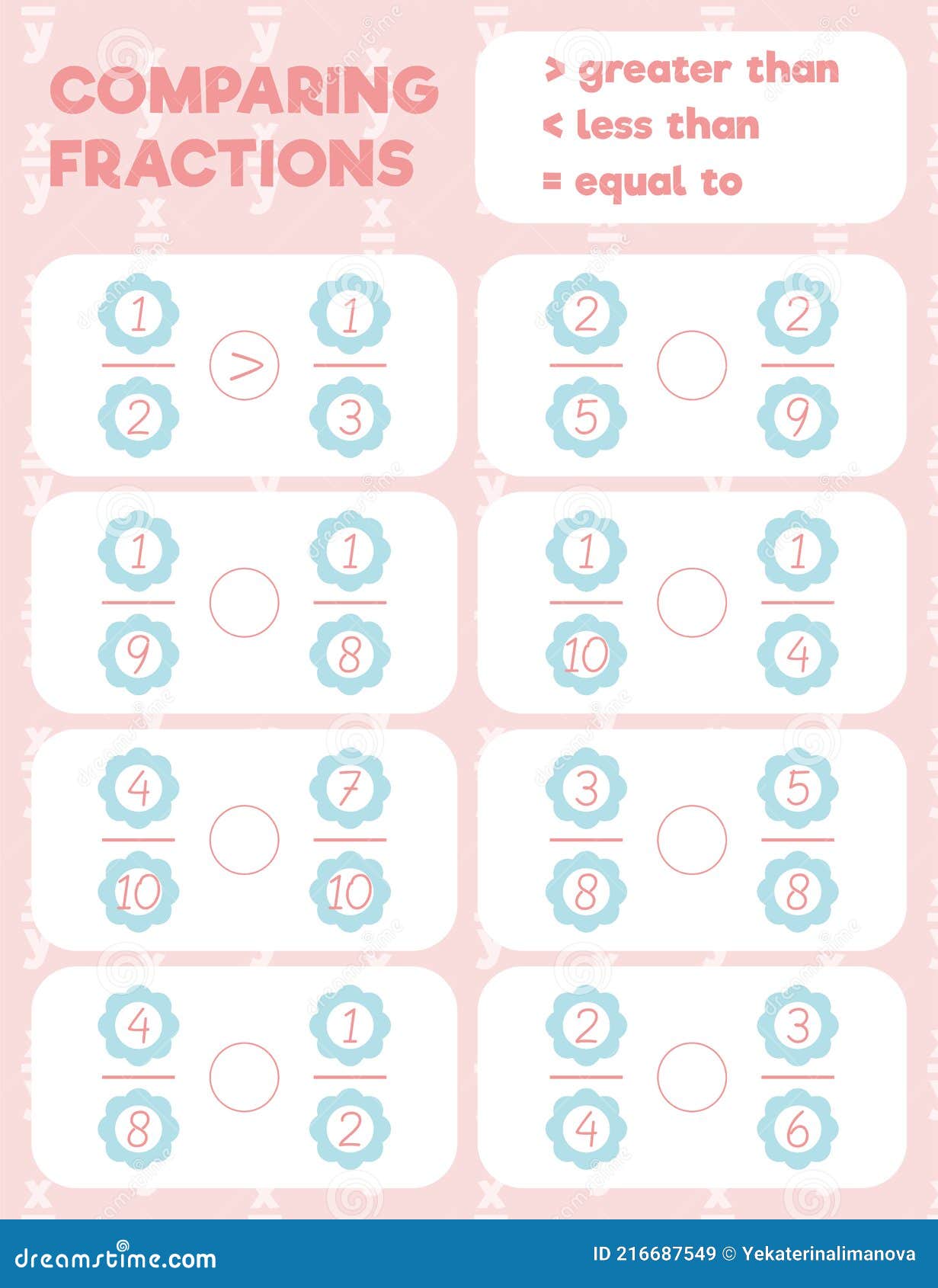 Comparing Fractions Worksheet Cartoon Vector | CartoonDealer.com #216687593