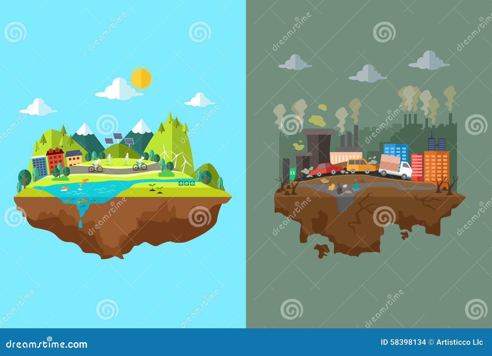 Comparison of Clean City and Polluted City Stock Vector - Illustration ...