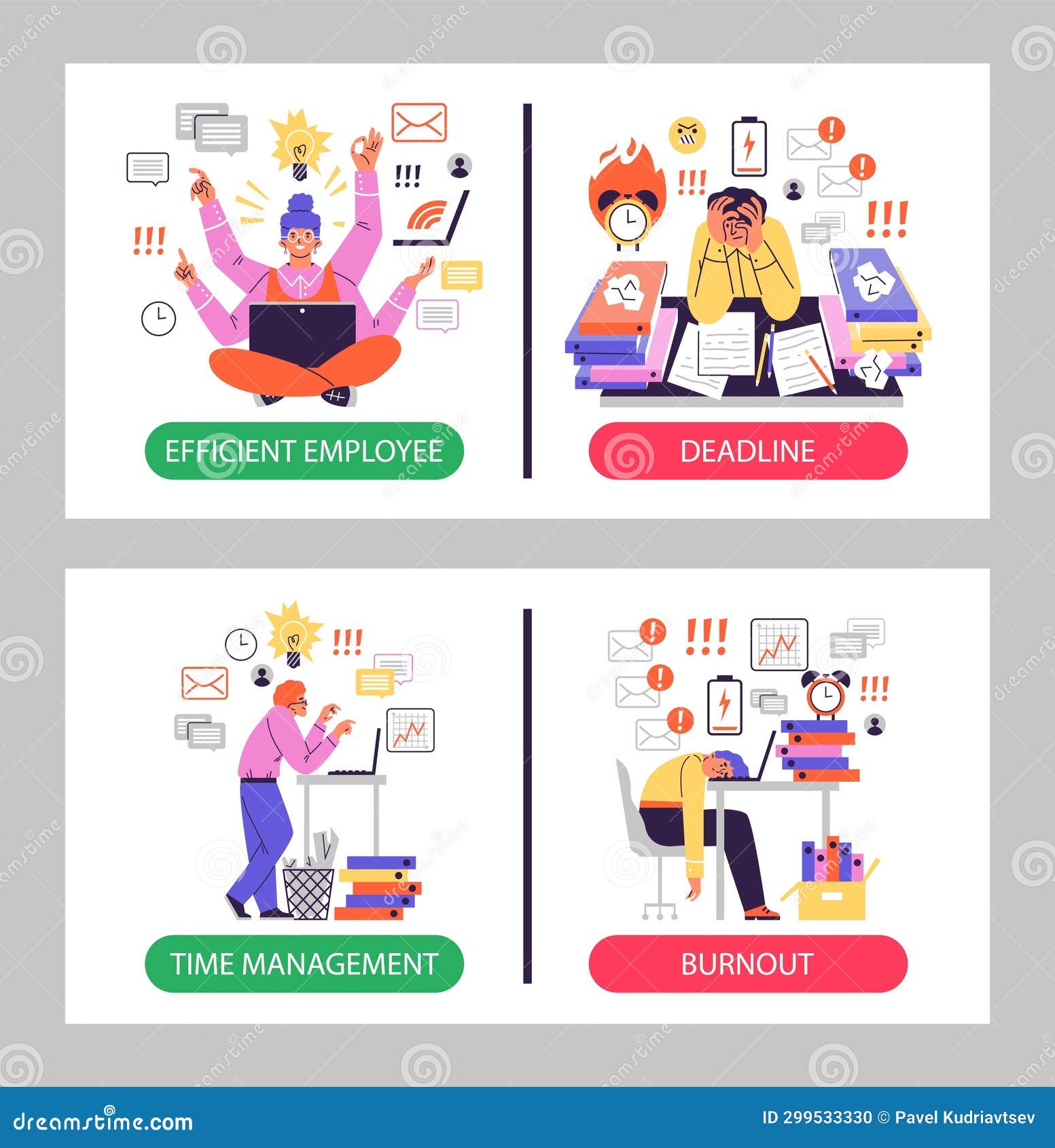 Comparison between Efficient and Stressed Employees, Posters Set, Flat ...