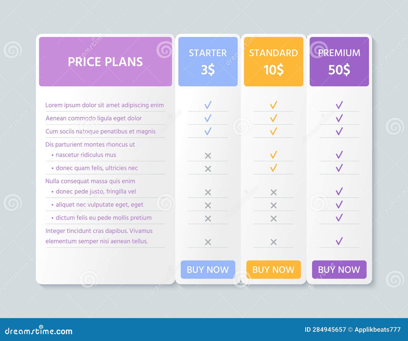 Comparison Price Table. Vector Illustration. Chart Plan Color Template ...