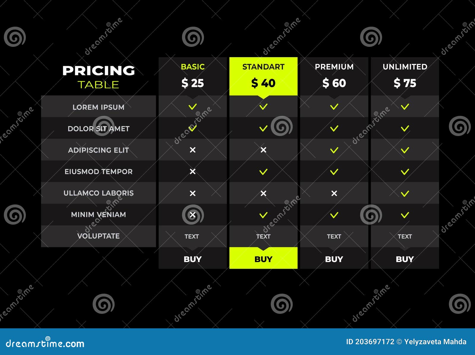 Comparison Pricing Table List. Comparing Price Banner Product Plan ...