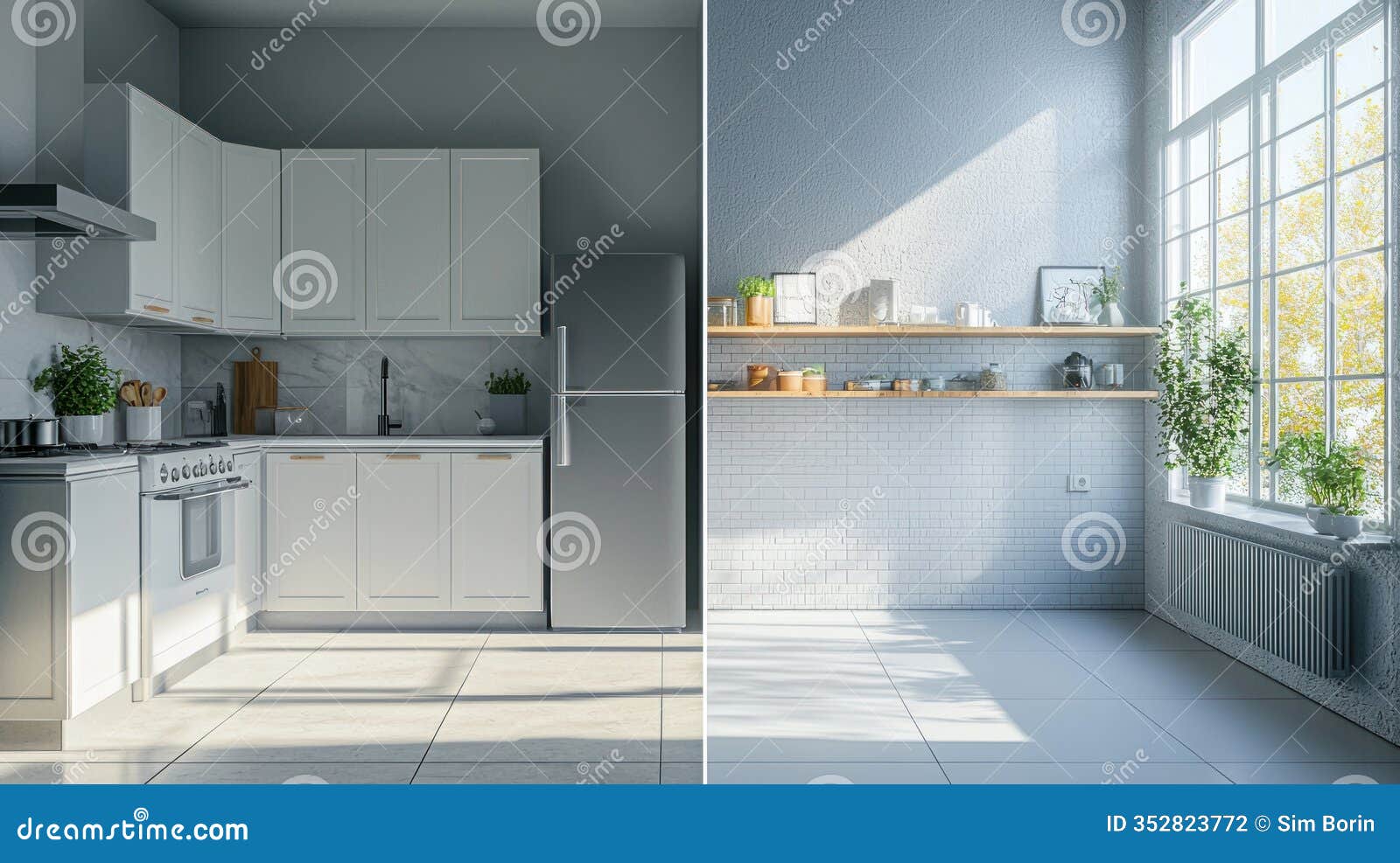 A before-and-after Comparison of a Renovated Kitchen Stock Illustration ...