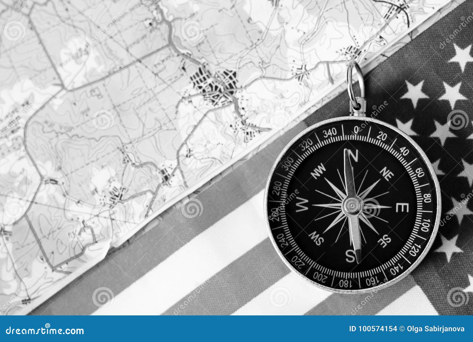 The Compass on the American Flag and a Map of the Area Stock Photo ...