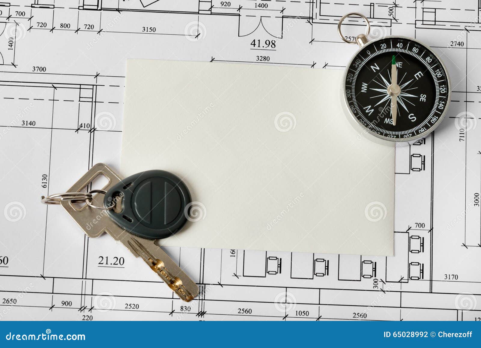 Compass with Blueprints and Key Stock Photo - Image of isolated, arrow ...