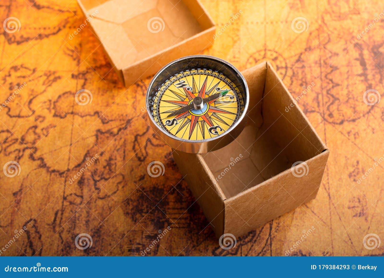 Compass beside a Box on a Map As Concept of Traveling Stock Image ...