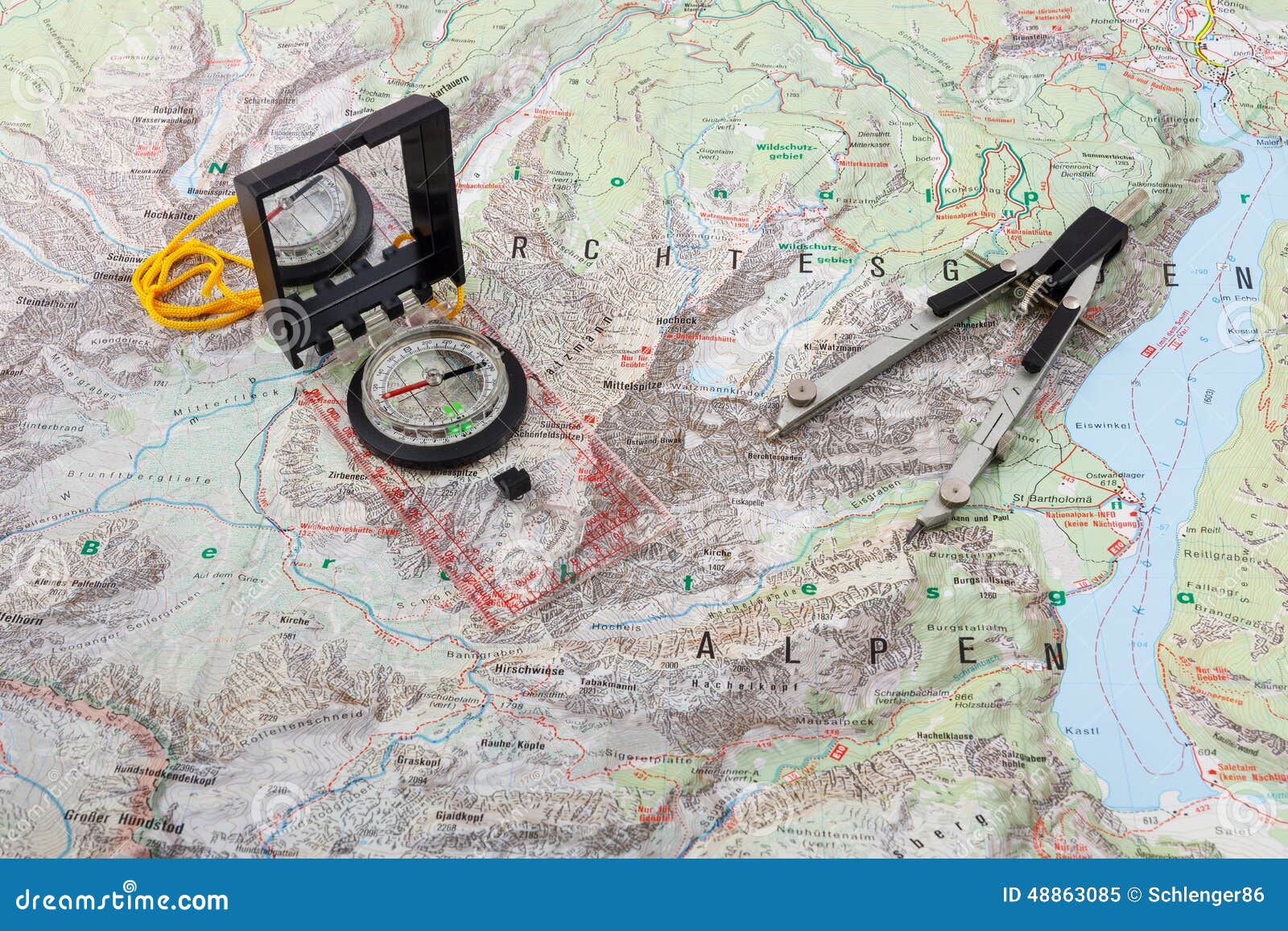 Compass and Divider Caliper on a Hiking Map Stock Image - Image of ...