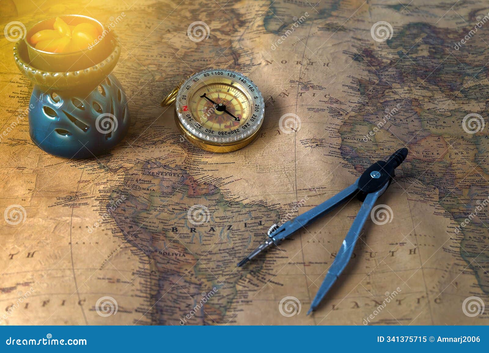 Compass or Dividers on Old World Map. Travel, Stock Image - Image of ...