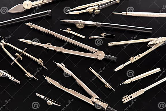 Set of Old Different Compasses. Retro Metal Compasses and Drafting ...