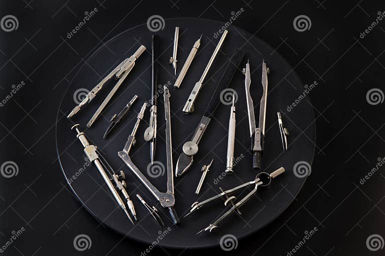 Set of Old Different Compasses. Retro Metal Compasses and Drafting ...