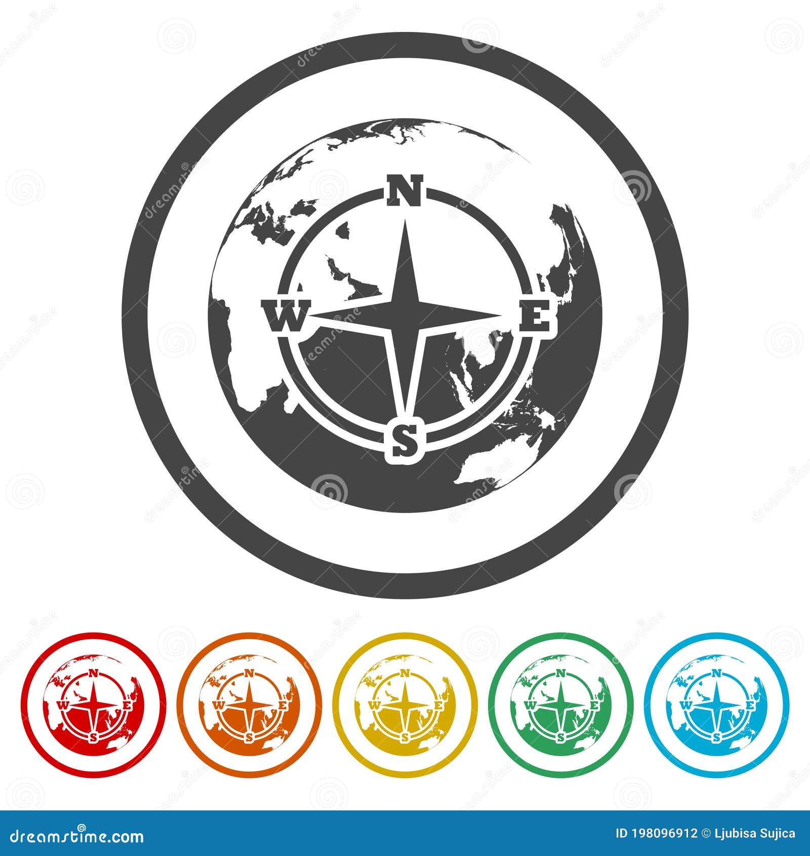 Compass on Earth Ring Icon, Color Set Stock Vector - Illustration of ...