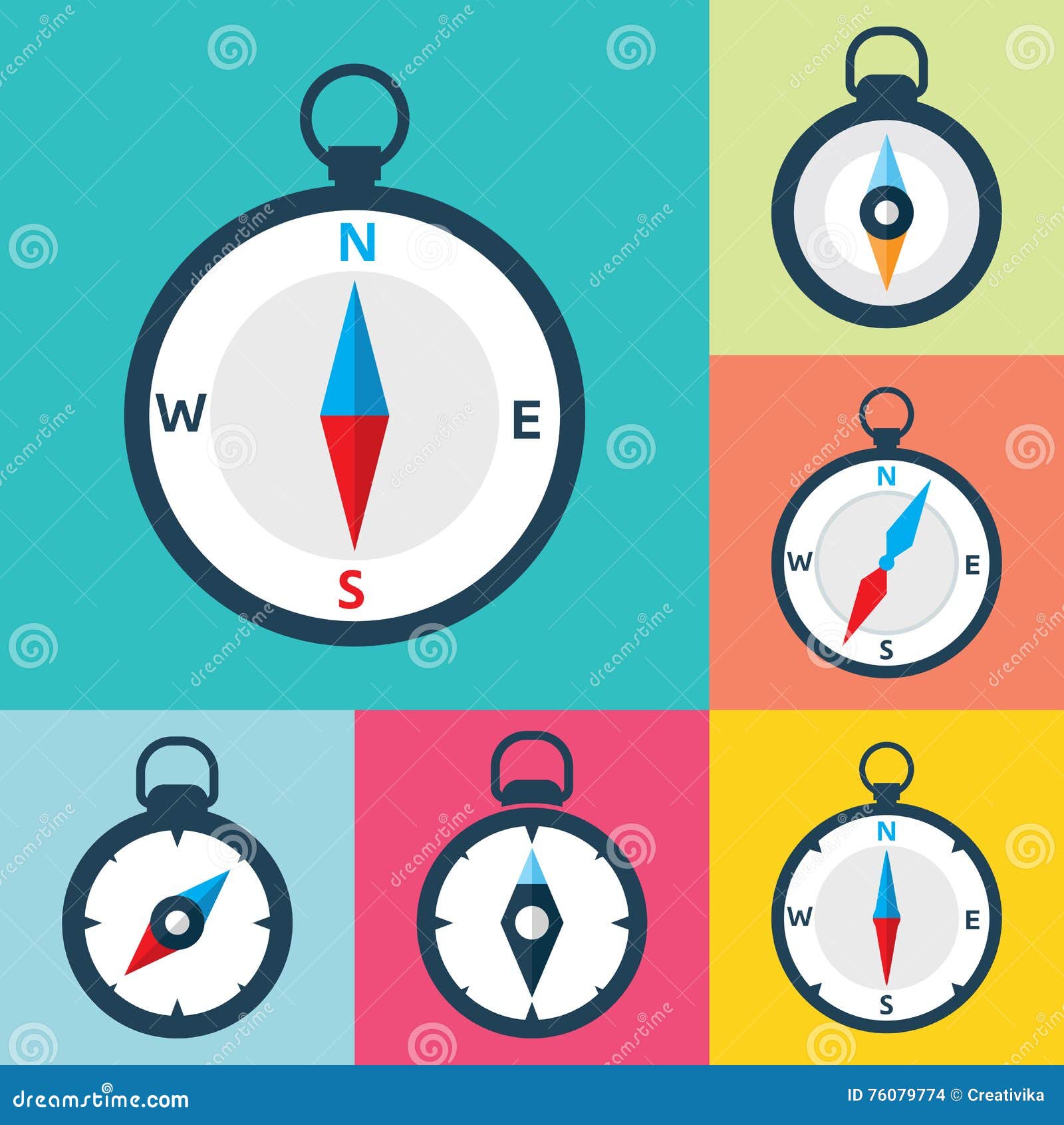 Compass Flat Icons Set stock vector. Illustration of direction - 76079774