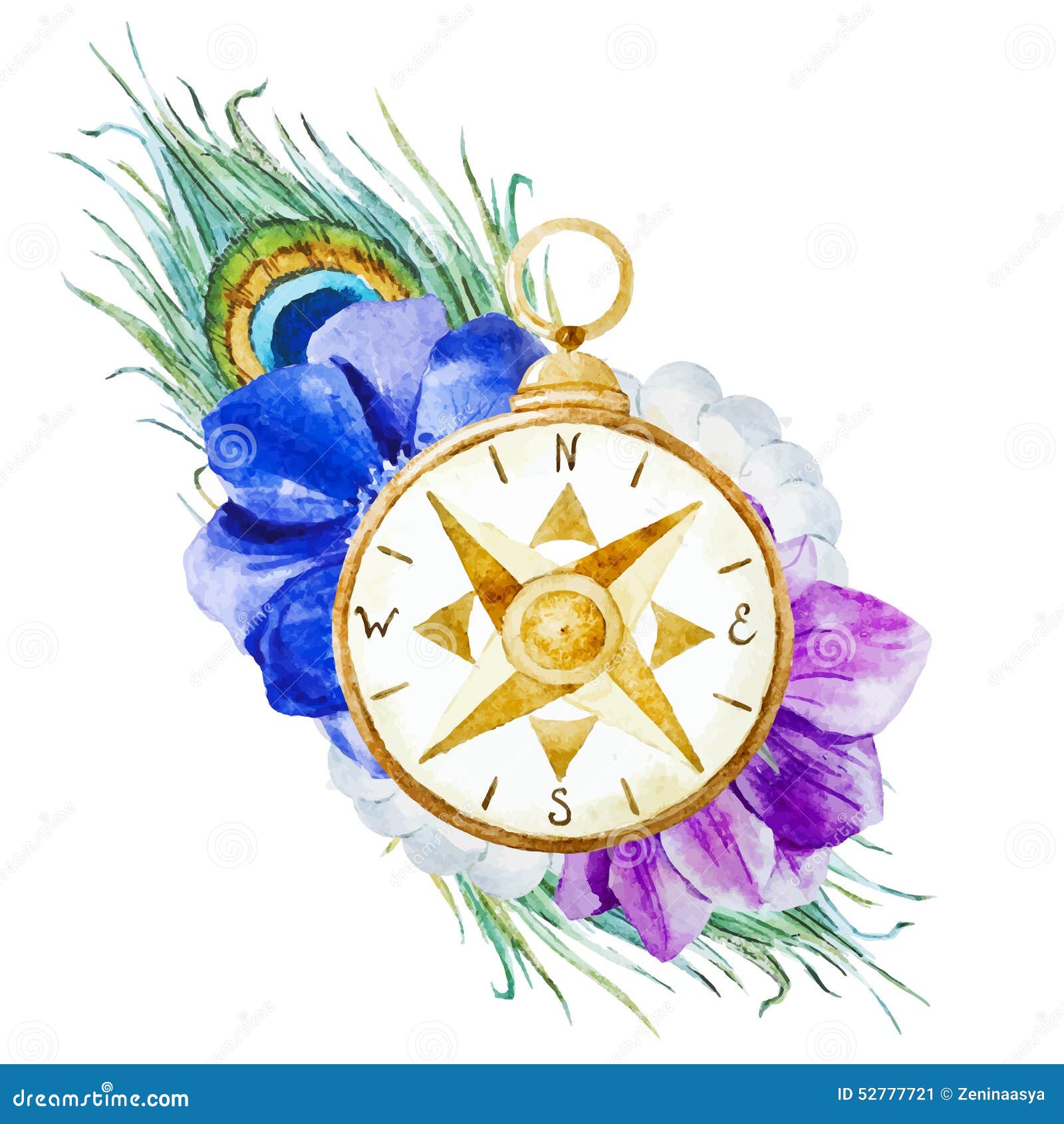 Compass with flowers stock vector. Illustration of blue - 52777721