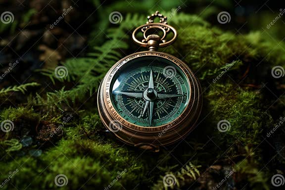 Compass in the forest. AI stock image. Image of wild - 290050469