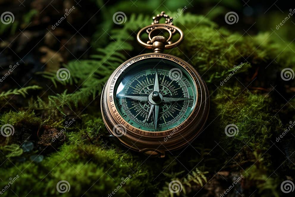 Compass in the forest. AI stock image. Image of wild - 290050469