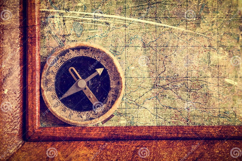 Compass and Frame on the Map. Stock Image - Image of desk, collection ...