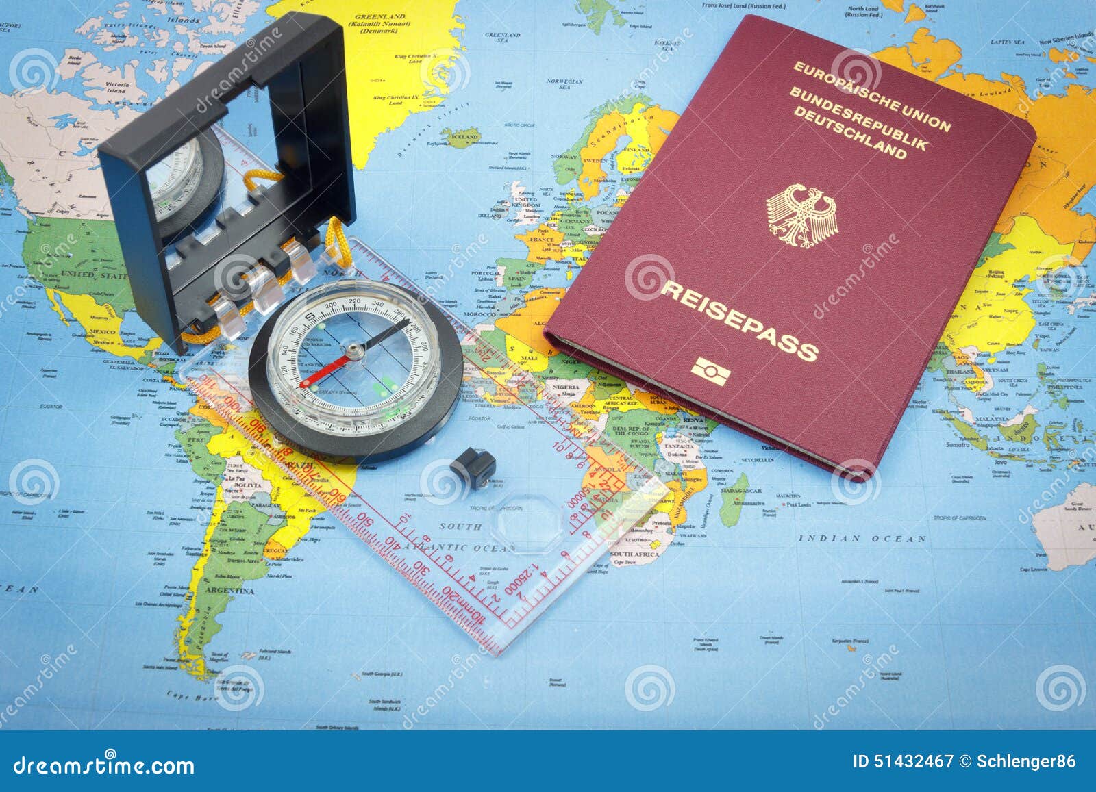 Compass and German Passport and World Map Stock Image - Image of ...