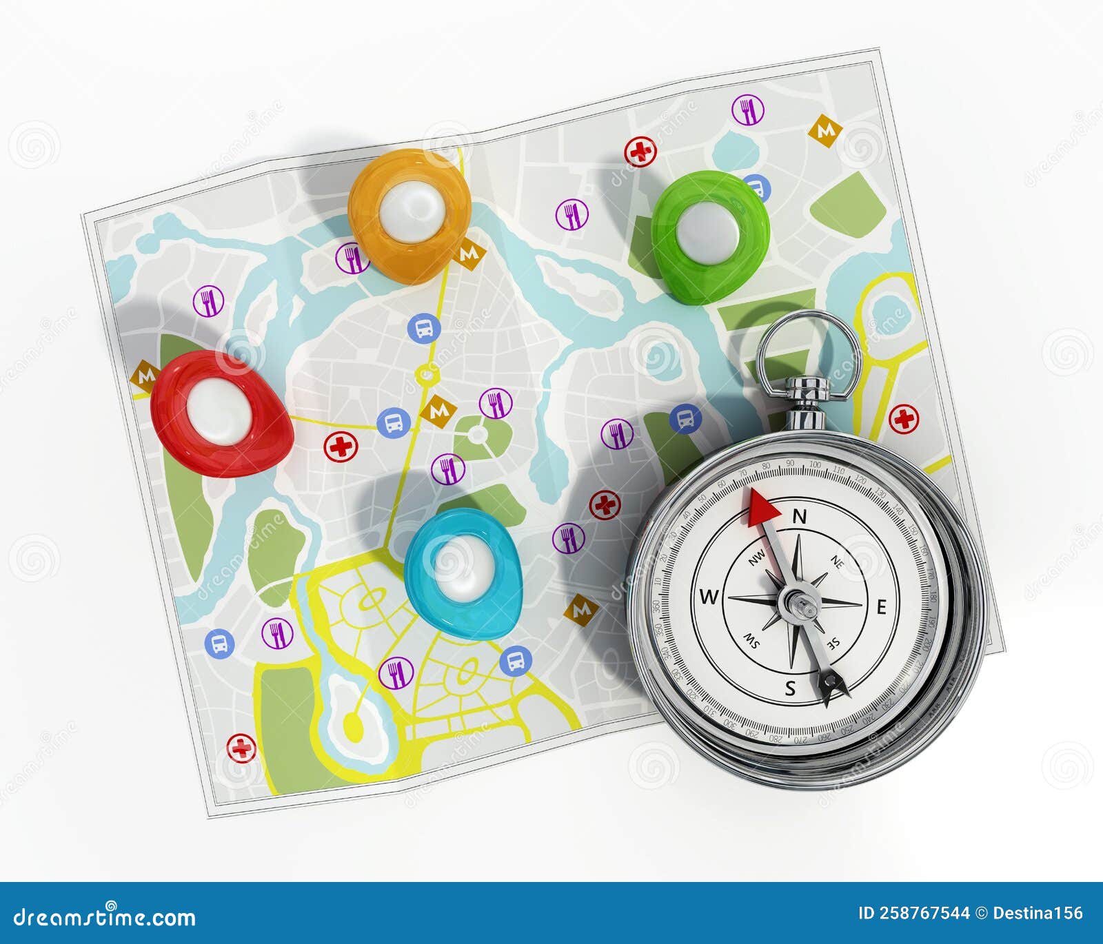 Compass and GPS Markers Standing on Navigation Map. 3D Illustration ...