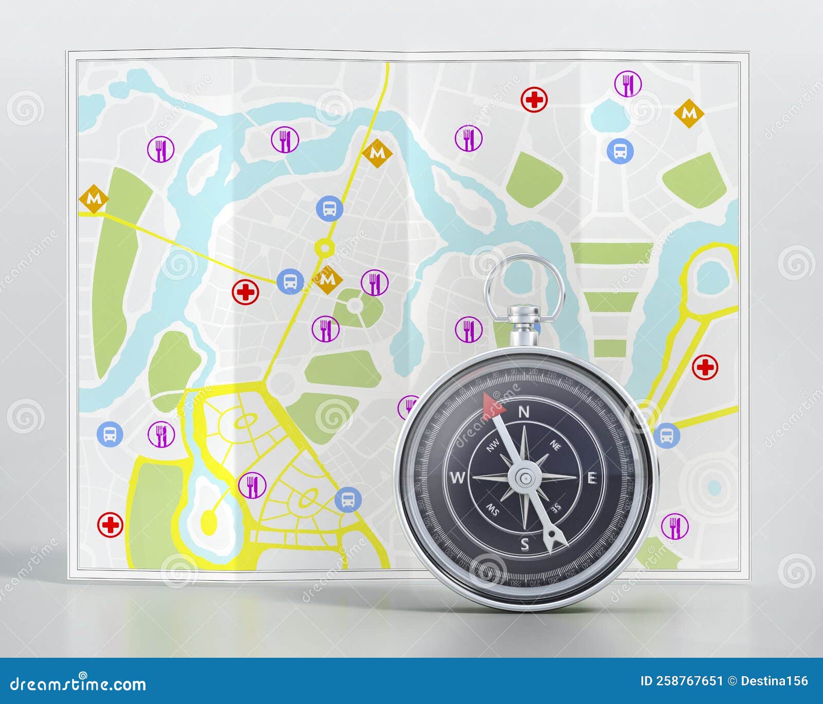 Compass and GPS Navigation Map with Symbols. 3D Illustration Stock ...