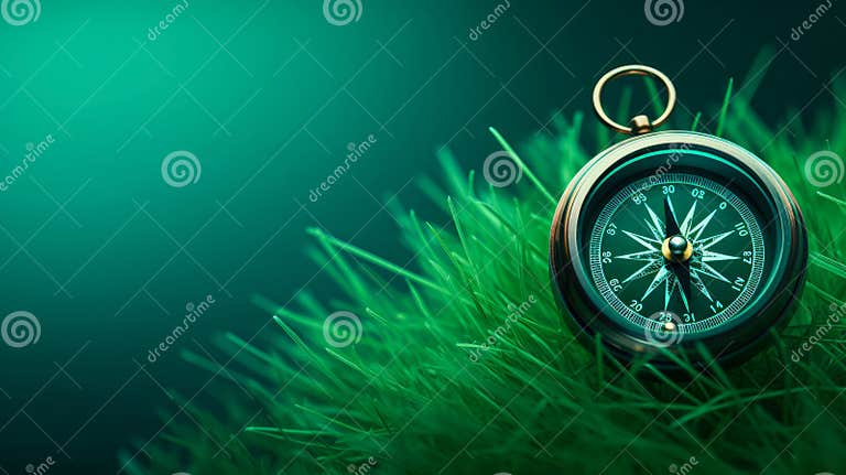 Compass on Green Background with Copy Space. Top View, Flat Lay Stock ...