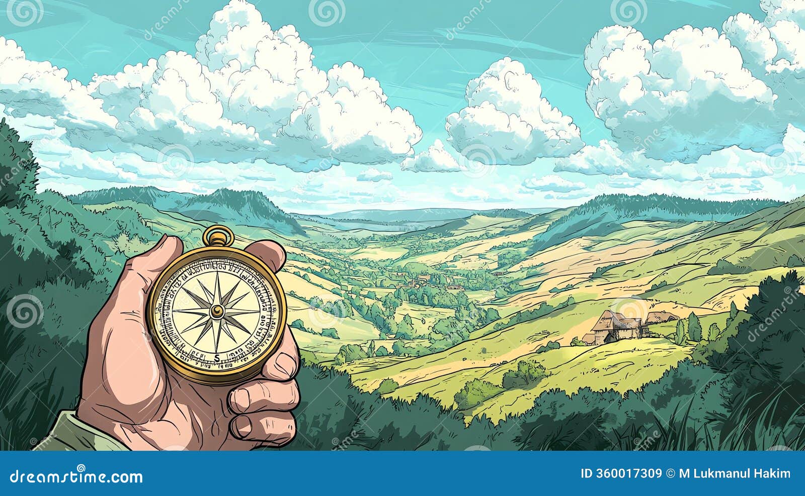 Compass Guiding Hand Illustration, Rolling Hills Landscape Stock Image ...