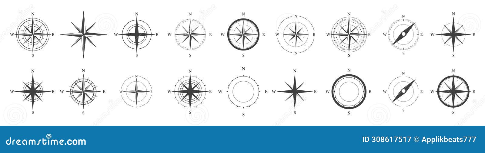 Compass Icons. Set of Vector Simple Compass Symbols Stock Vector ...