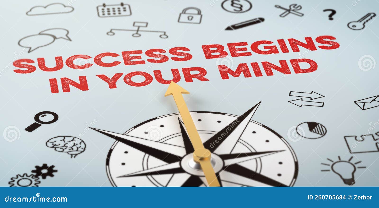 A Compass with Icons - Success Begins in Your Mind Stock Photo - Image ...