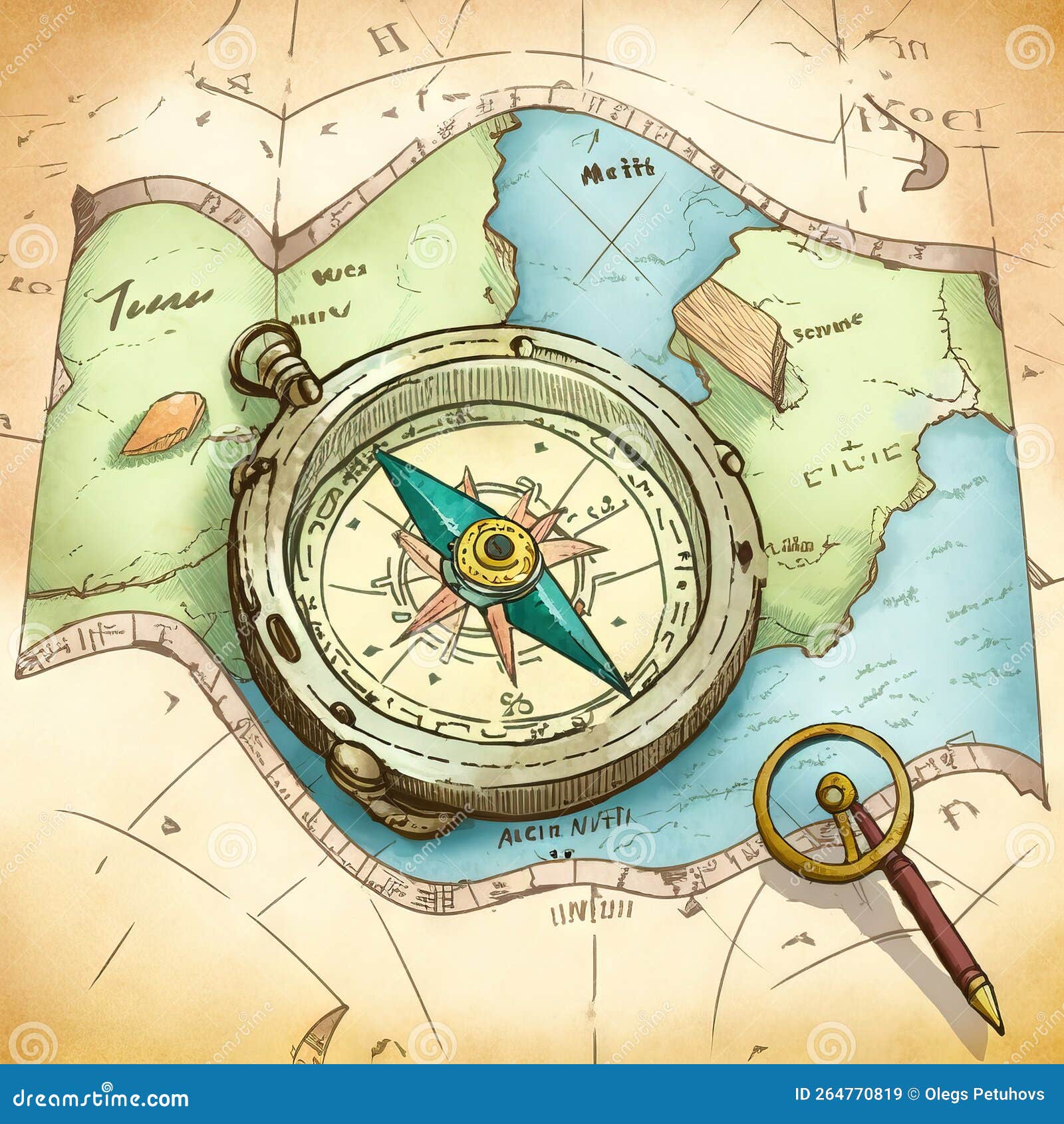 A Compass and a Key on a Map with a Keychain on it and a Keychain in ...