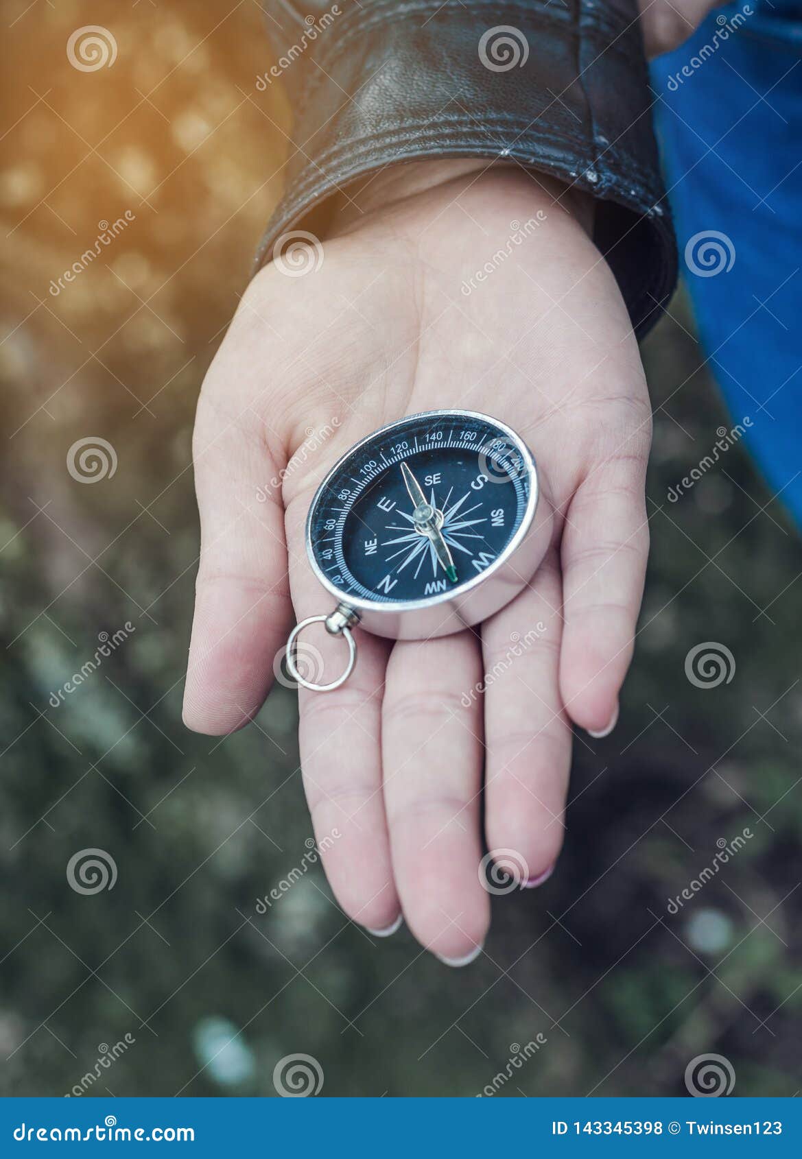 Compass Lies on the Hand of the Girl. Direction of Horizon Stock Photo ...