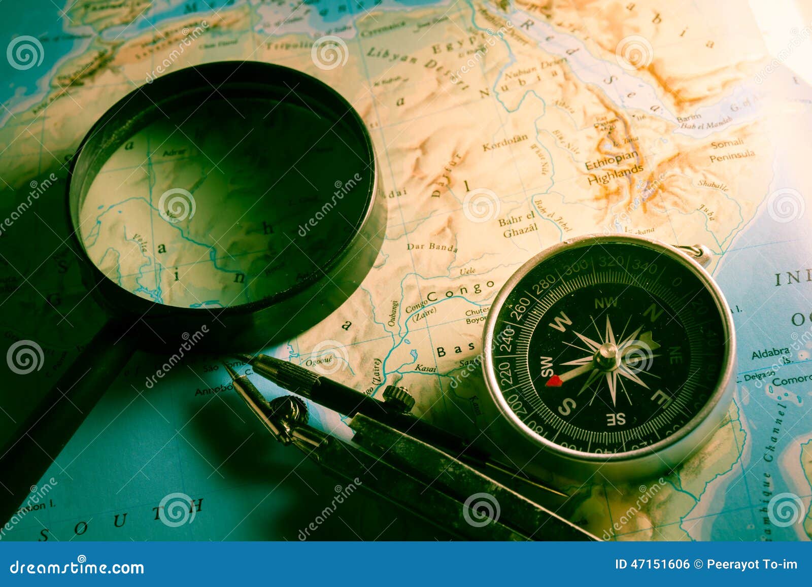 Compass with Magnifier on Map. Stock Photo - Image of direction, object ...