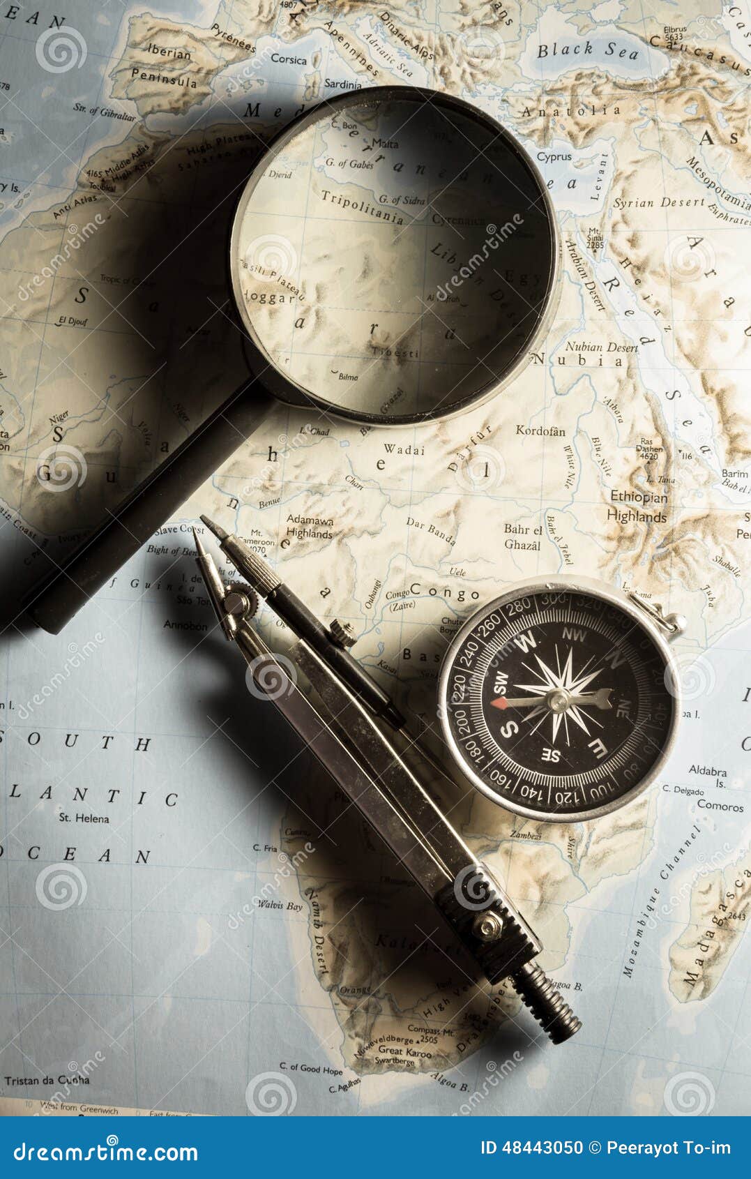 Compass with Magnifier on Map. Stock Photo - Image of drawing, magnetic ...
