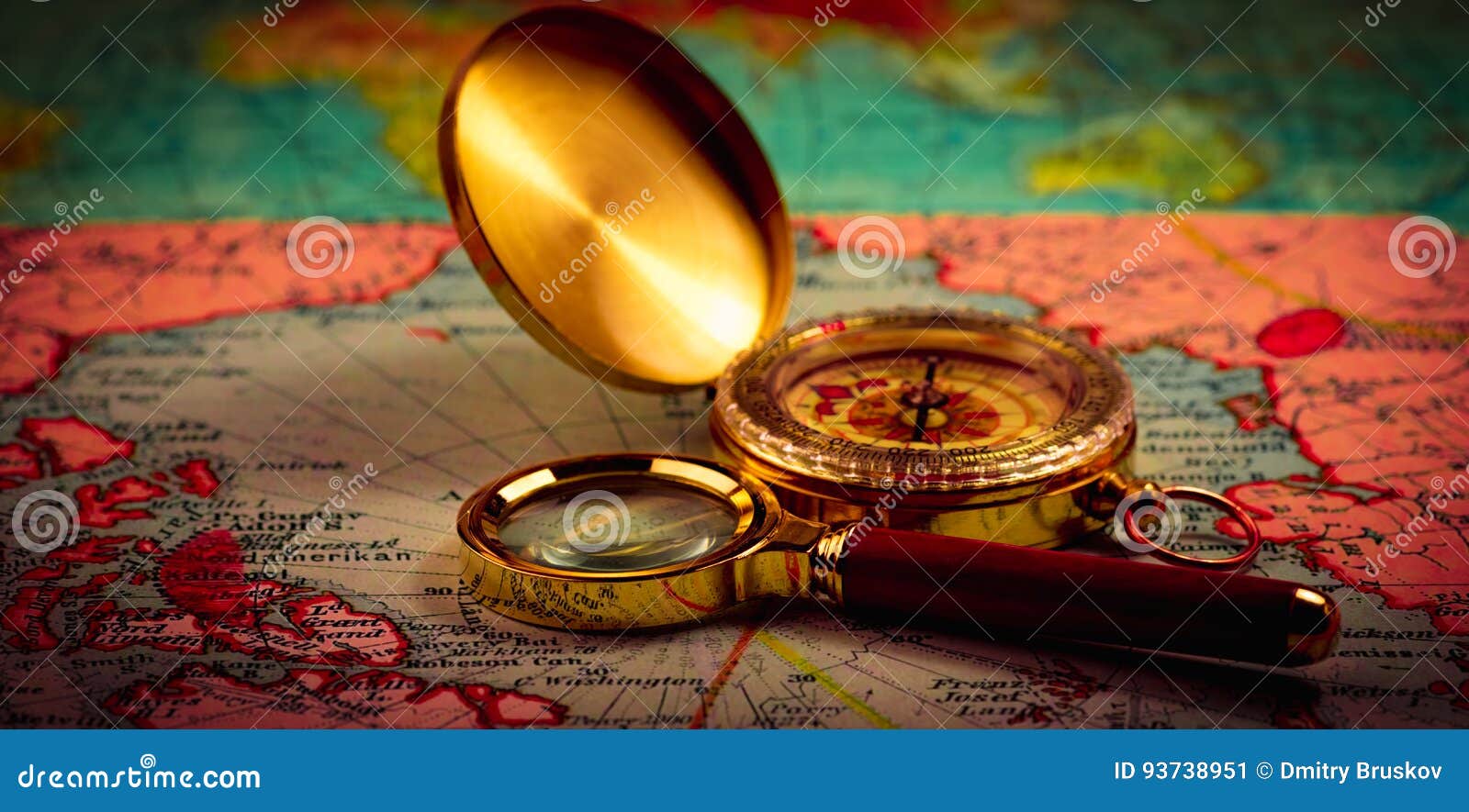 Compass and Magnifying Glass Stock Image - Image of retro, grunge: 93738951